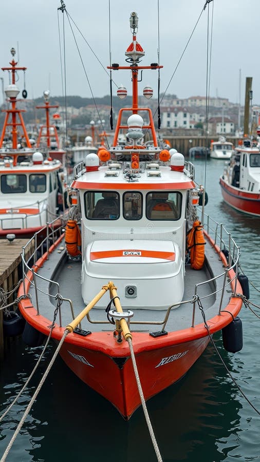 Red Rescue Boat Docked in Harbor on Overcast Day Stock Photo - Image of ...