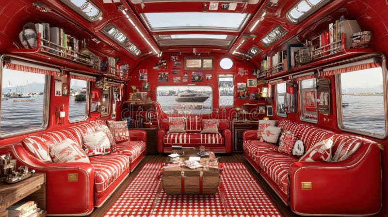 Red Retro Boat House Interior Design Stock Photo - Image of comfortable ...