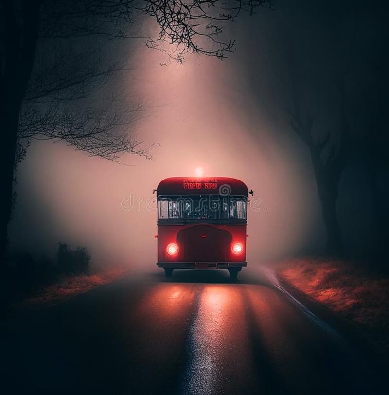 Red retro bus on the road stock illustration. Illustration of darkness ...