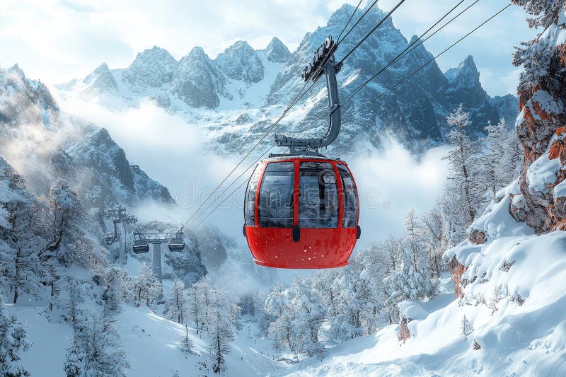 A Red Retro Cable Car Cabin Amidst Snow-capped Mountains Stock Photo ...