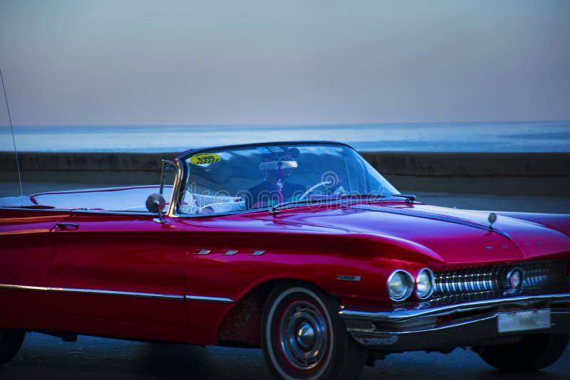 Red Retro Car on the Malecon Seafront in Blue Glow Editorial Stock ...