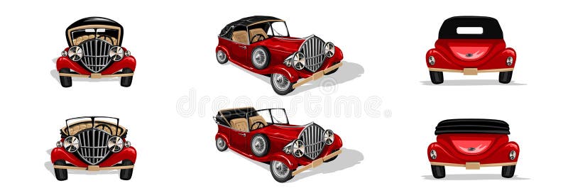 Set of Red Convertible from Different Angles in Retro Style Stock ...