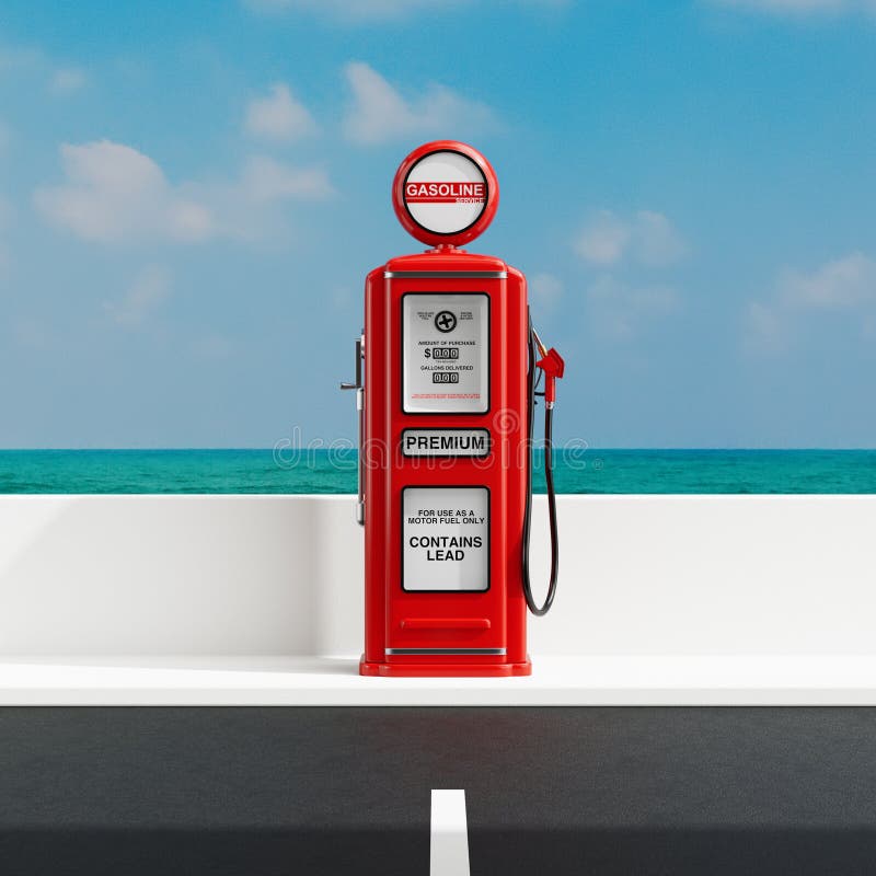 Red Retro Gas Pump in Front of Sea Blue Sky Background. 3d Rendering ...