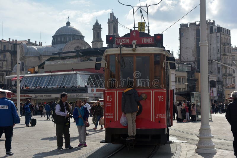 Red retro tram at Istiklal editorial stock photo. Image of crowd ...