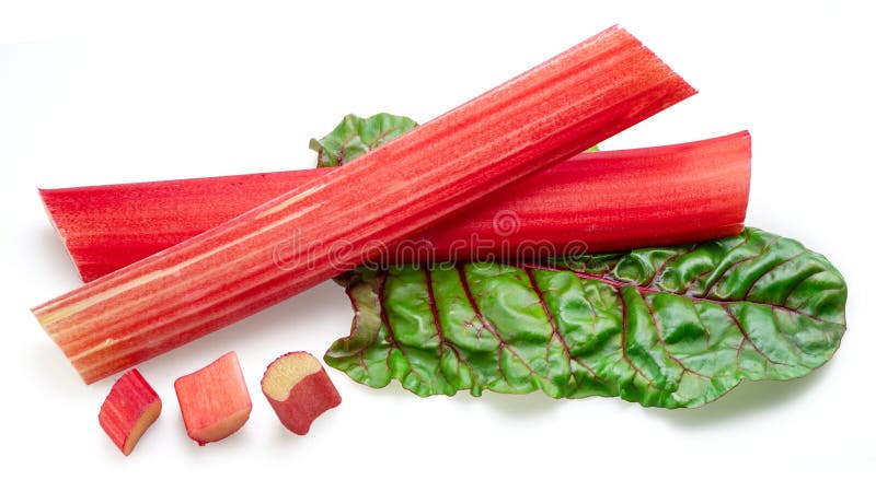 Red Rhubarb Stems Cuts Over Rhubarb Leaves Isolated on White Background ...