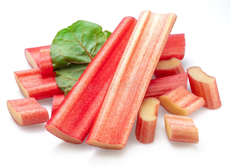 Red Rhubarb Stems Cuts Over Rhubarb Leaves Isolated on White Background ...