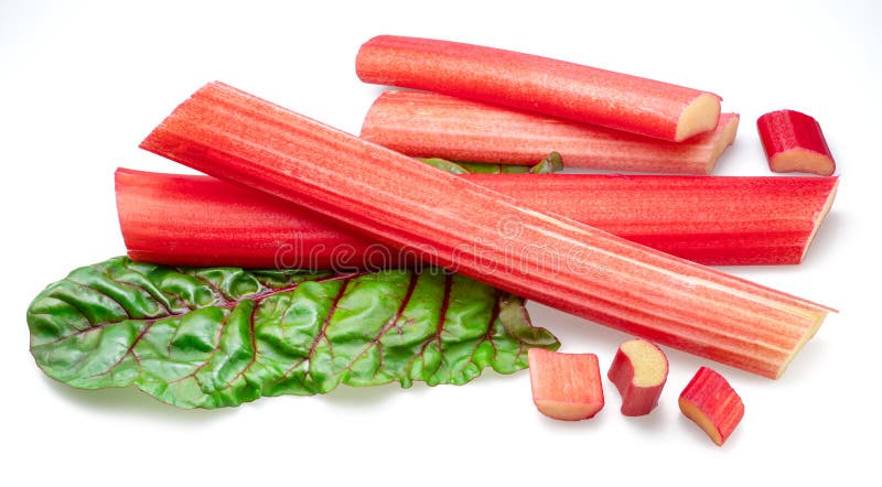 Red Rhubarb Stems Cuts Over Rhubarb Leaves Isolated on White Background ...