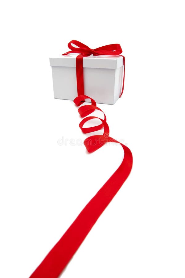 Red Ribbon and Bow with White Gift Box Stock Image - Image of mystery ...