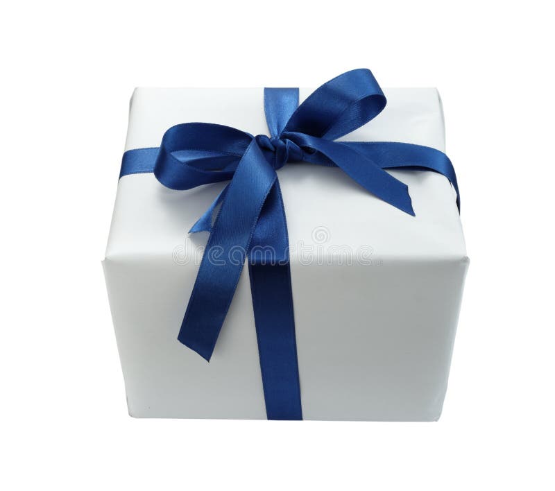 White Textured Gift Box with Blue Ribbon Bow Stock Photo - Image of ...