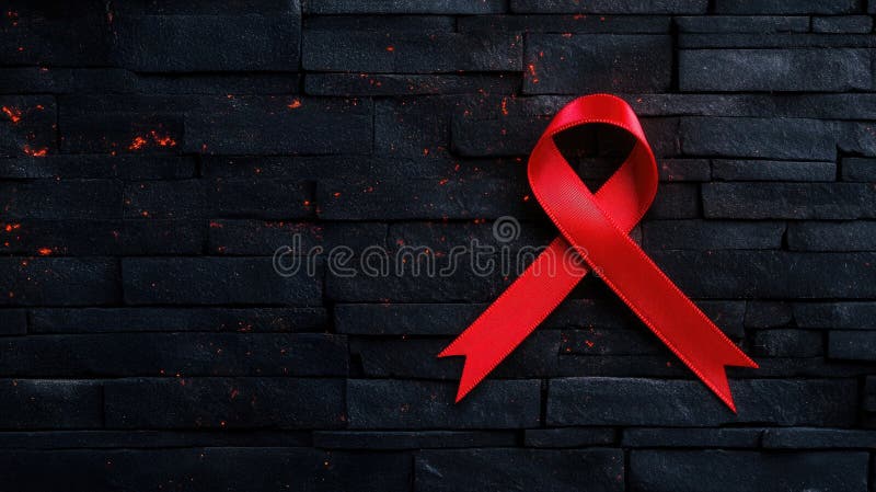 Red Ribbon on Dark Stone Wall Representing Awareness or Cause Support ...