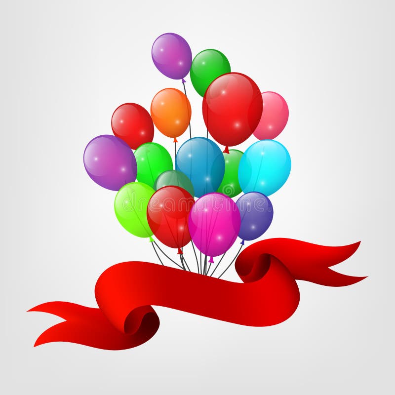 Red Ribbon Flying with Balloons Stock Illustration - Illustration of ...