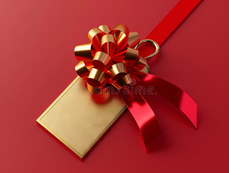 A Red Ribbon with a Gold Tag and Bow Stock Photo - Image of ribbon ...