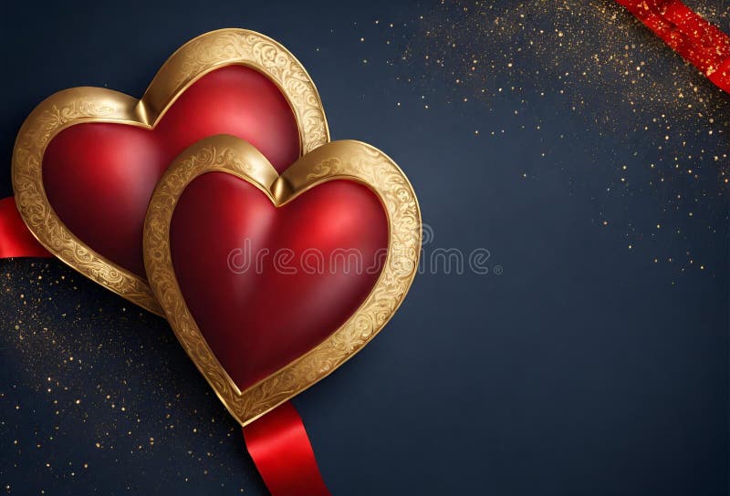 Red Ribbon Golden Hearts on Blue Background Generative AI Stock ...