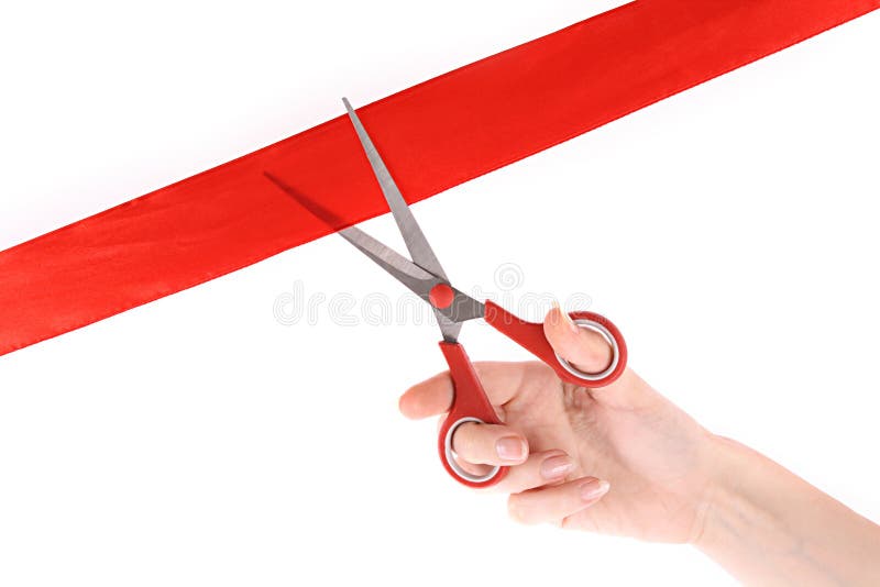 Red Ribbon, Scissors and Hand Isolated Stock Image - Image of ceremony ...