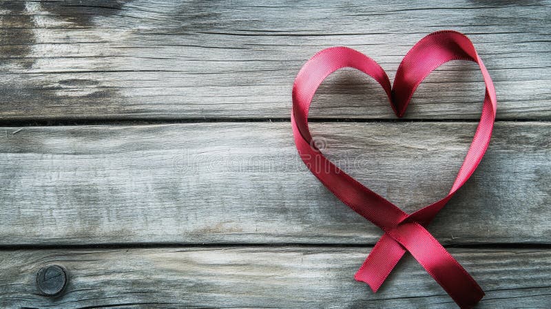 Red Ribbon Shaped into a Heart on a Rustic Wooden Surface, Creating a ...