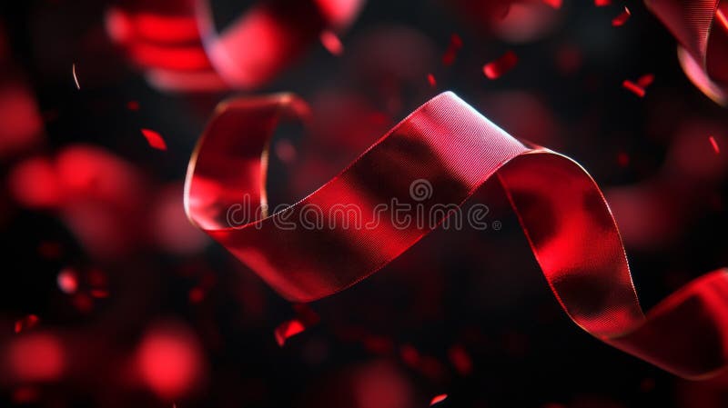 Red Ribbon Swirls through Dark Space with Red Fragments Stock ...