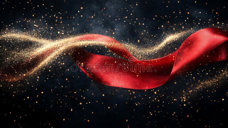 Red Ribbon Swirls with Golden Glitter Particles Stock Illustration ...