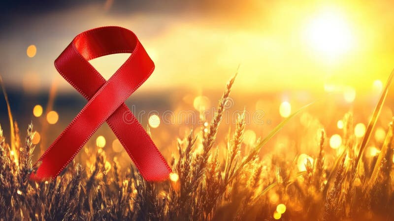 Red Ribbon Symbol Amongst Golden Wheat Fields at Sunrise Stock Photo ...
