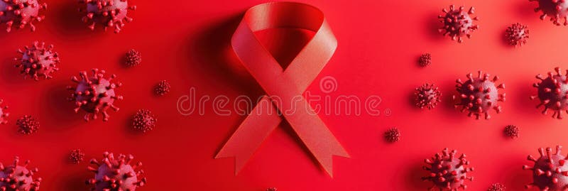 Red Ribbon Symbolizing Awareness for HIV/AIDS Surrounded by 3D Virus ...