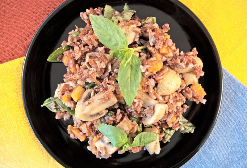 Red Rice with Mushrooms, Carrot and Basil Stock Photo - Image of ...