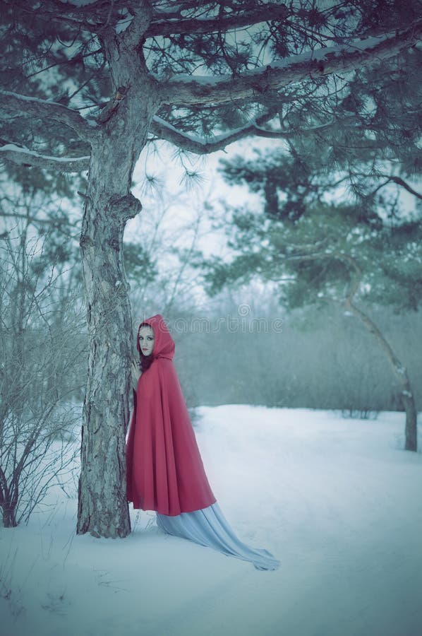 Red Riding Hood in the Winter Forest Stock Image - Image of girl, cold ...