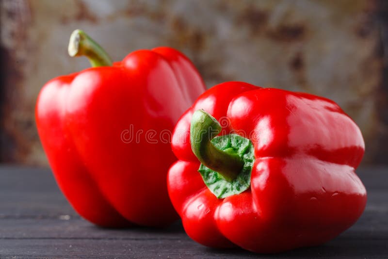 Red Ripe Bulgarian Pepper on Rustic Table Stock Photo - Image of green ...