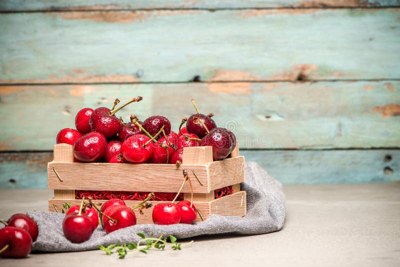 Red Ripe Cherries in Small Wooden Box Stock Photo - Image of diet ...