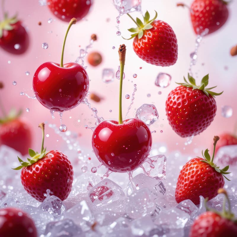 Red Ripe Cherries and Strawberries on Ice Stock Illustration ...