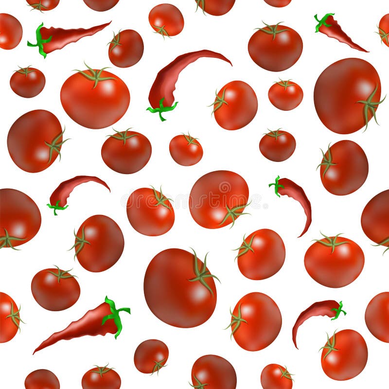 Red Ripe Tomato and Pepper Seamless Pattern Isolated on White Background. Vegetable Organic ...