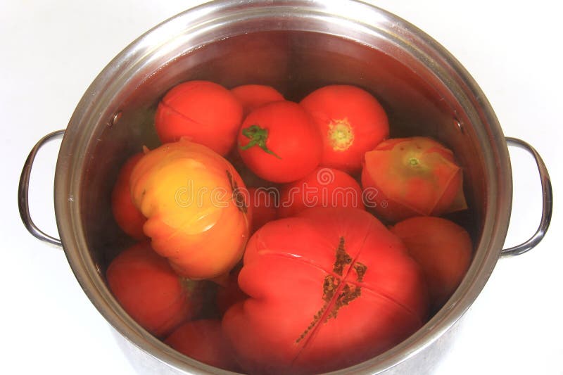 Red Ripe Tomatoes in a Pot of Hot Water. Boiled Tomatoes Stock Image ...