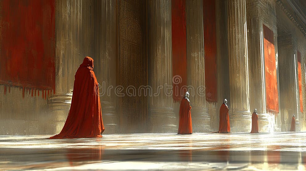 Red-robed Figures Procession in Ancient Hall, Red Banners Stock ...