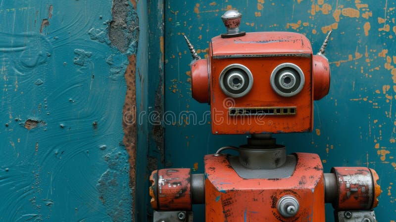 A Red Robot with Big Eyes and a Blue Painted Wall, AI Stock Image ...