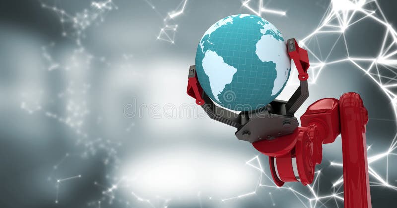 Red Robot Claw with Globe and White Interface Against Blurry Grey Room ...