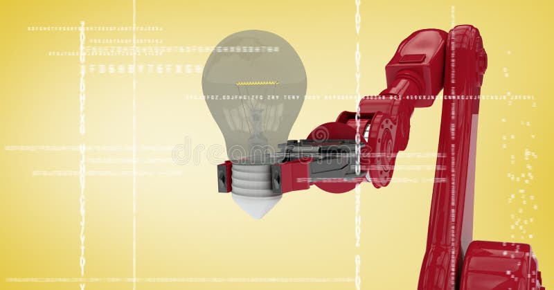 Red Robot Claw with Light Bulb Behind White Interface Against Yellow ...