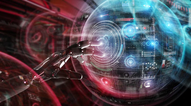 Red Robot Hacking a Globe System Interface 3D Rendering Stock ...