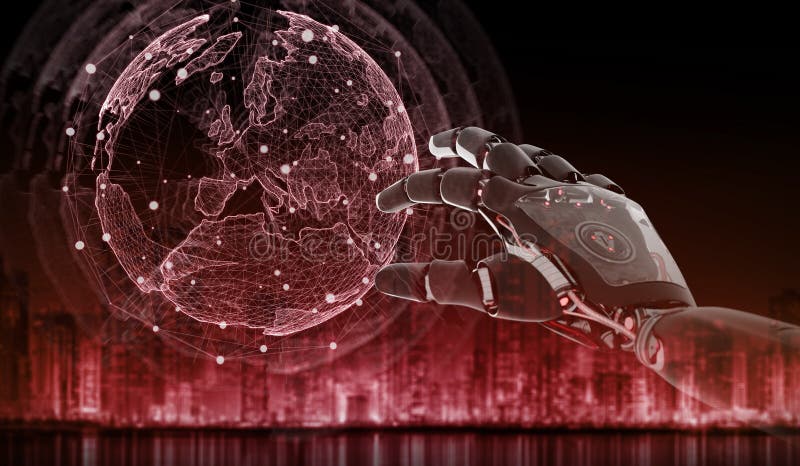 Red Robot Hacking a World Network System 3D Rendering Stock ...