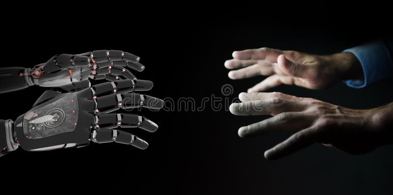 Red Robot Hand Making Contact with Human Hand 3D Rendering Stock ...