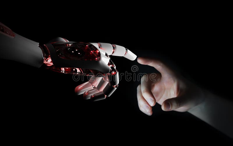 Red Robot Hand Making Contact with Human Hand 3D Rendering Stock ...