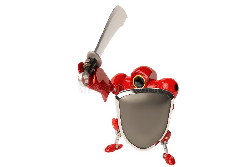 Red Robot Holding Sword and Shield Stock Illustration - Illustration of ...