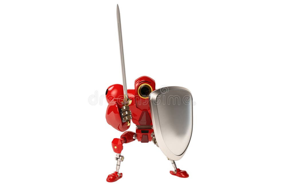 Red Robot Holding Sword and Shield Stock Illustration - Illustration of ...