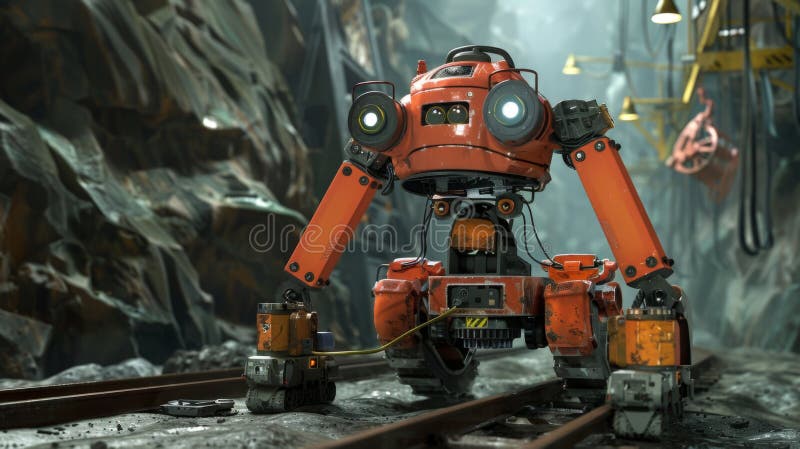Red Robot Standing on Train Track Stock Photo - Image of passage ...