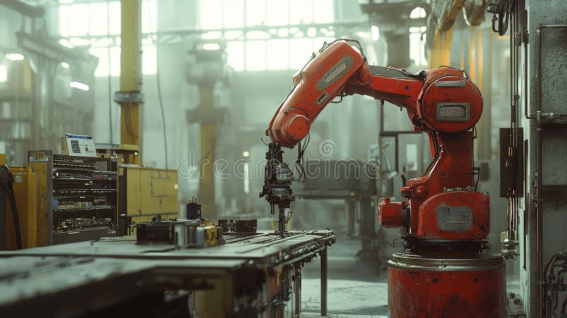 Red Robotic Arm in Action within Industrial Backdrop Stock Illustration ...