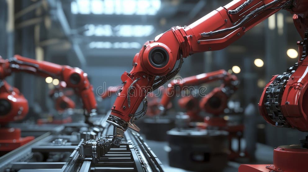 Red Robotic Arm on an Assembly Line with Components Stock Illustration ...