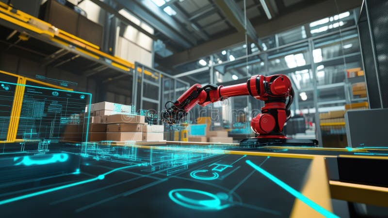 Red Robotic Arm Handling Cardboard Boxes in Smart Factory with ...