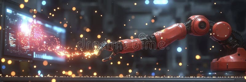 Red Robotic Arm Interacting Creatively with Display Stock Illustration ...