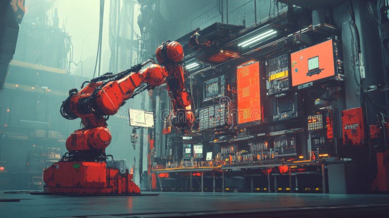Red Robotic Arm Interacting with Futuristic Digital Interface in Pixel ...