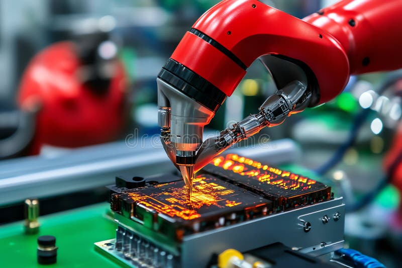 Red Robotic Arm Performing Precision Work on Circuit Board in a Modern ... Red Robotic Arm Performing Precision Work on Circuit Board in a Modern ...