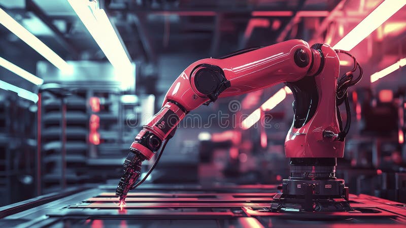 Red Robotic Arm Under Neon Lights in Industrial Site Stock Illustration ...
