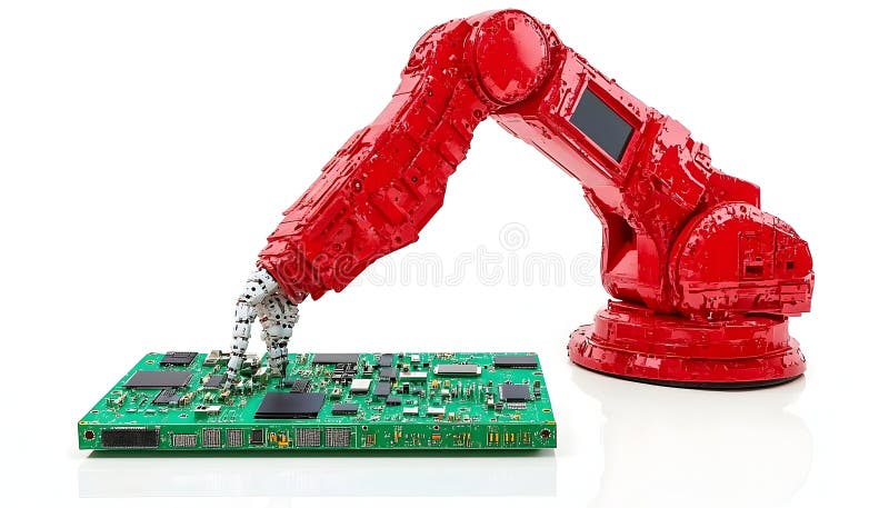 Red Robotic Arm Assembling Circuit Board Stock Photo - Image of chip ...