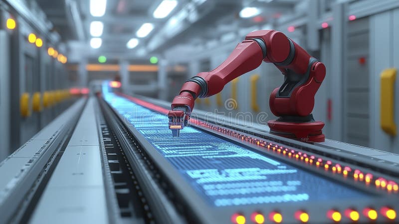 Red Robotic Arm Working on Digital Assembly Line Stock Illustration ...